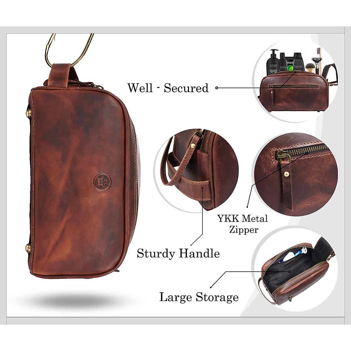 10" Premium Leather Toiletry Travel Pouch With Waterproof Lining | King-Size Handcrafted Vintage Dopp - Kit By Aaron Leather Goods (Dark Brown)