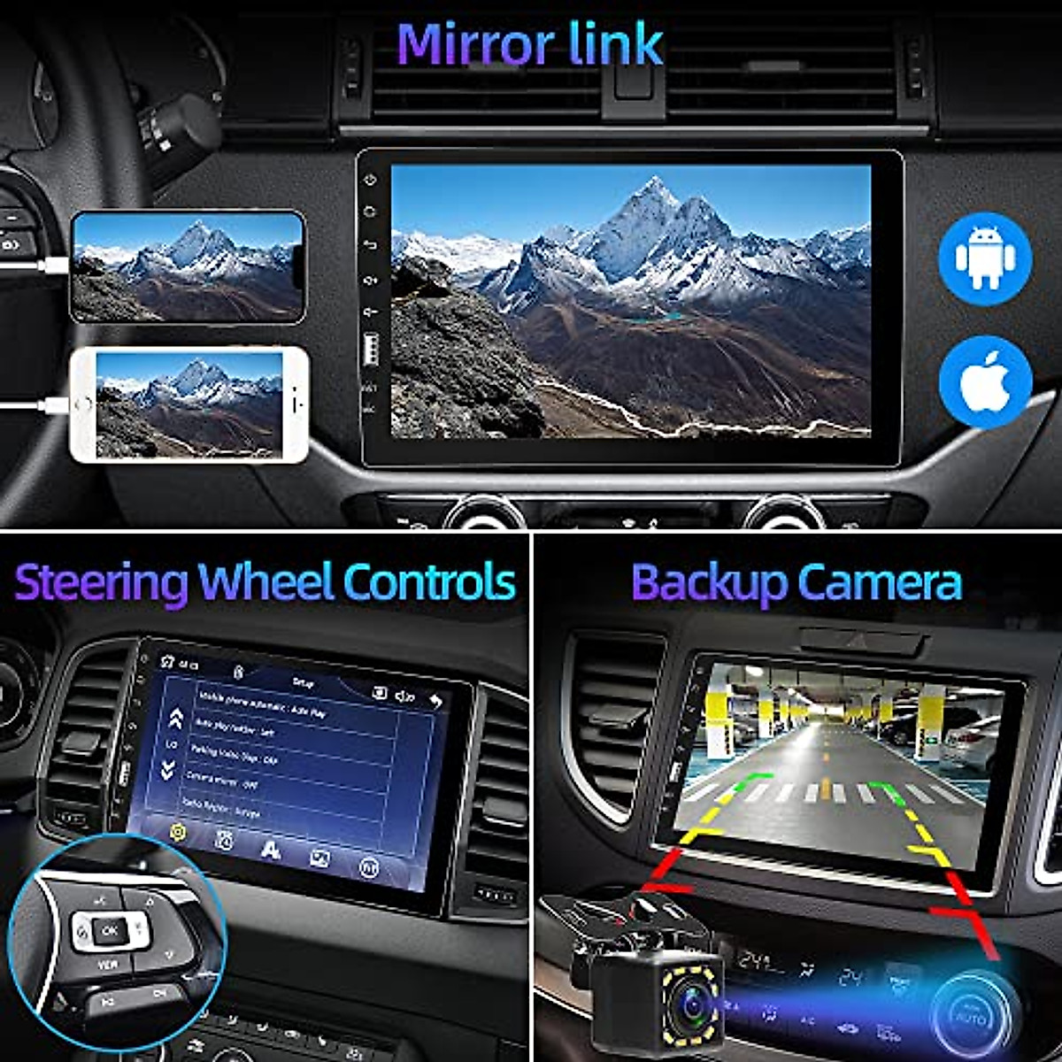 9 Inch Single Din Car Stereo Touchscreen Radio with Apple Carplay, Bluetooth, Android Auto, MirrorLink, Backup Camera, FM/AM Car Radio, USB/SD/AUX-in, Fast Charging, Subwoofer