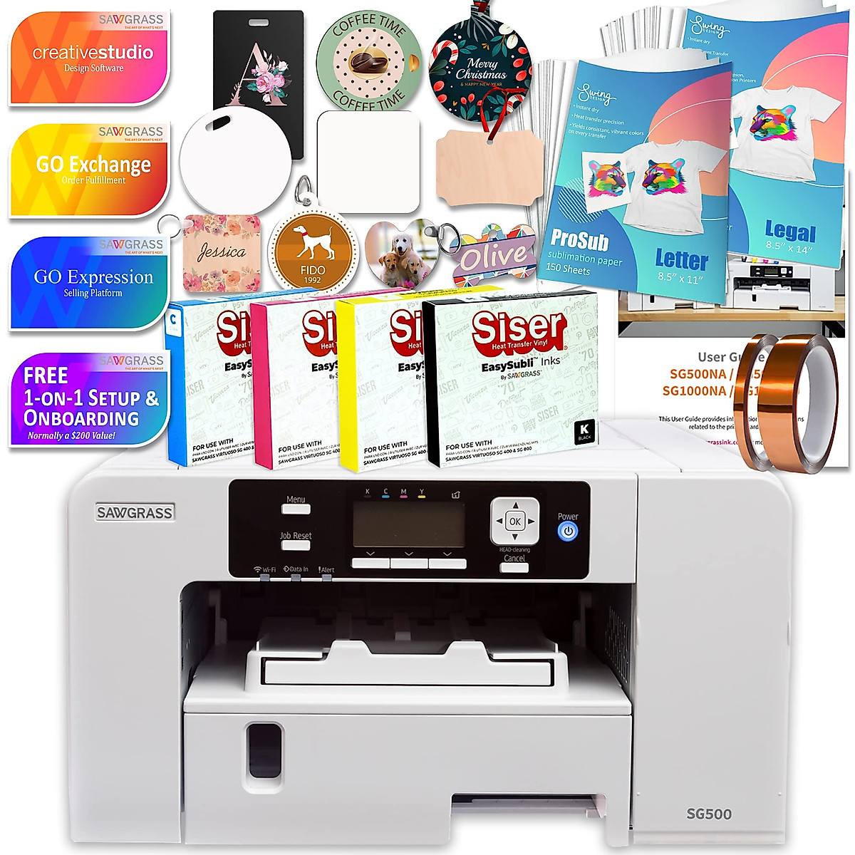 Sawgrass UHD SG500 Sublimation Printer Starter Bundle with Easysubli Ink Set, 300 Sheets of Sublimation Paper, Tape, & Blanks