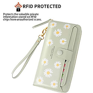 Nawoshow Women Leather Wallet RFID Blocking Zipper Pocket Wallet Card Case Purse with ID Window (Green(Flower))