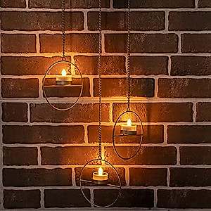 Solar Hanging Candle Lanterns Lights, ALL FORTUNE Outdoor Round Golden Metal Candle Lantern Holder with Flameless Tea Lights, Perfect for Garden, Backyard Decor, Home, Tree, Yard-Set of 3