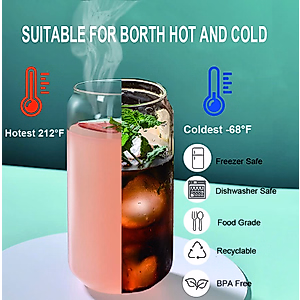 Beer Can Glass with Bamboo Lids and Glass Straws, Father's Day Gift Box 4 Pack 16oz Drinking Glasses with Lids and Straws, Can Shaped Glass Cups, Iced Coffee Cup, Beer Glasses (4pcs)