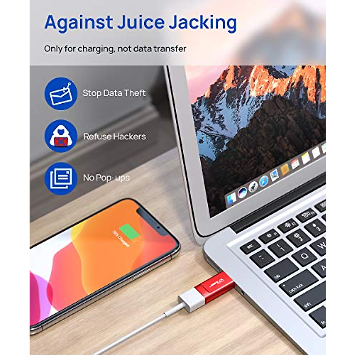 JSAUX USB Data Blocker, (4-Pack) USB-A Defender Only for Quick Charge, Protect Against Juice Jacking, Refuse Hacking Provide Safe Charging- Red