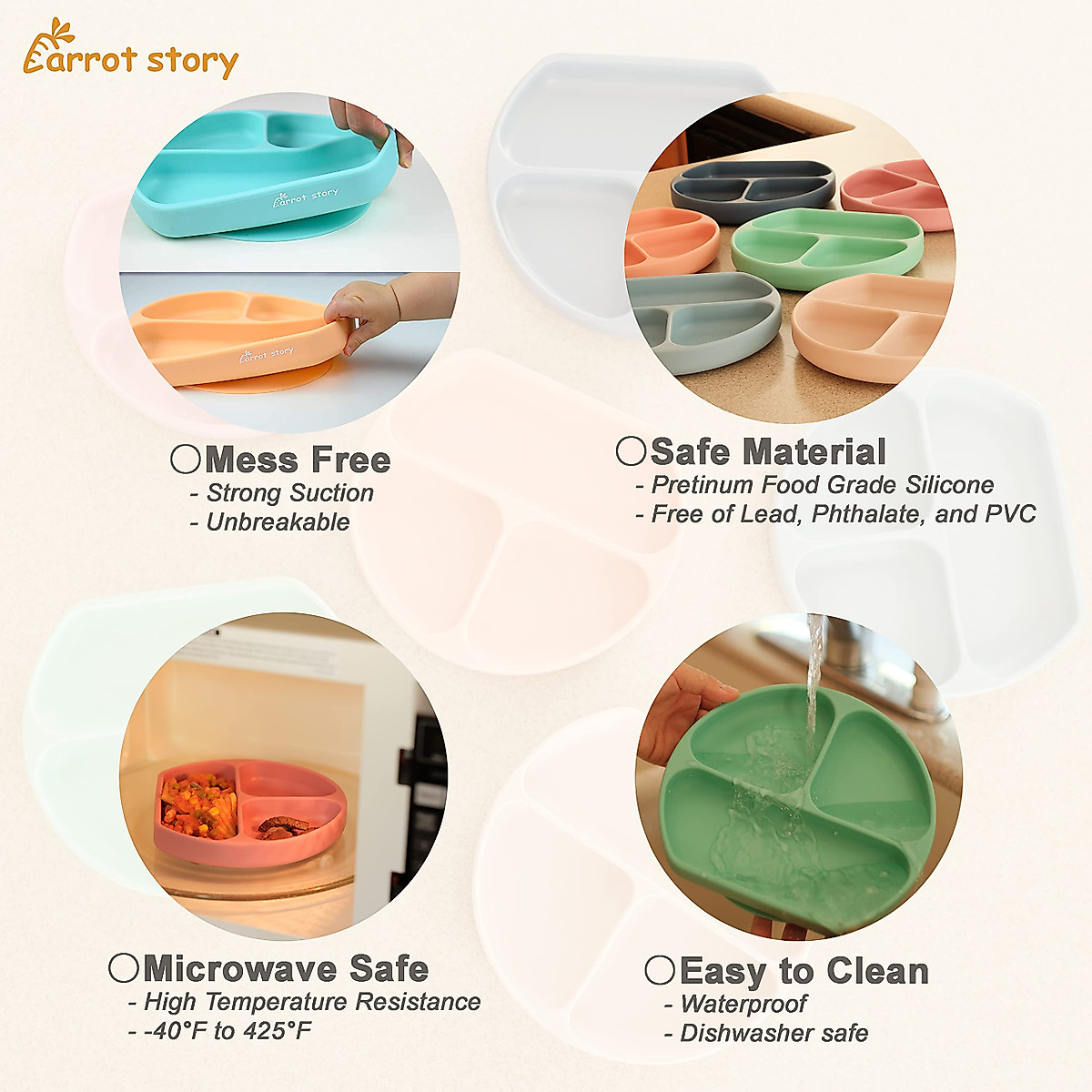 Carrot story 100% Silicone Suction Baby Toddler Plate, 2-Pack, Waterproof Washable Plate, BPA Free, Microwave/Dishwasher Safe (Sweet)