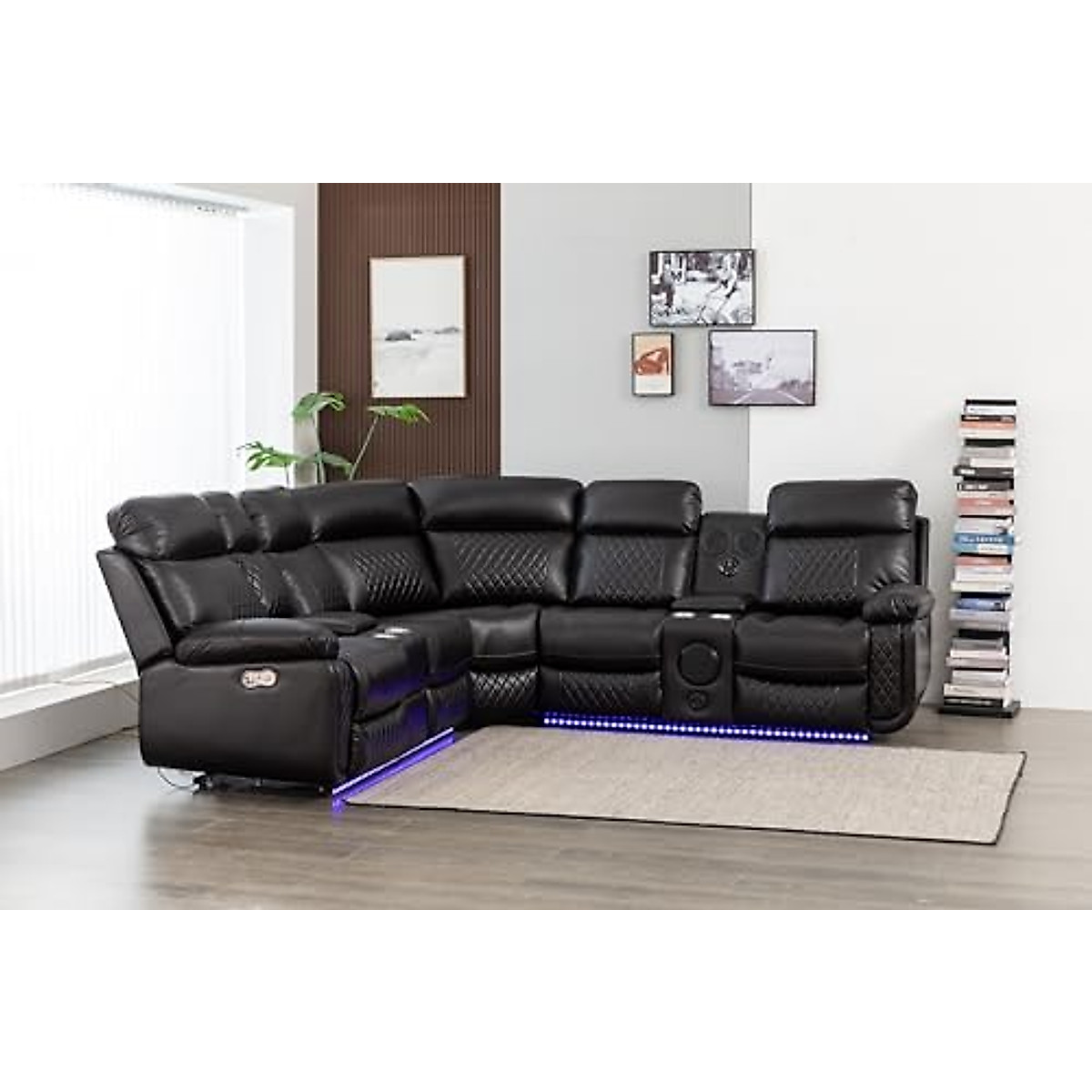 Kingway Inc Rexon Power Recliner Sectional Living Room Sofa Set with speaker,LED and USB port, Brown