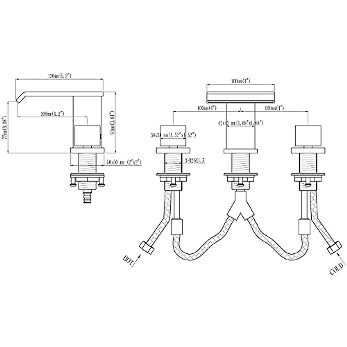 TapLong Solid Brass Modern Waterfall Bathroom Basin Faucet 3 Holes 2 Square Handles Brushed Gold Sink Faucet