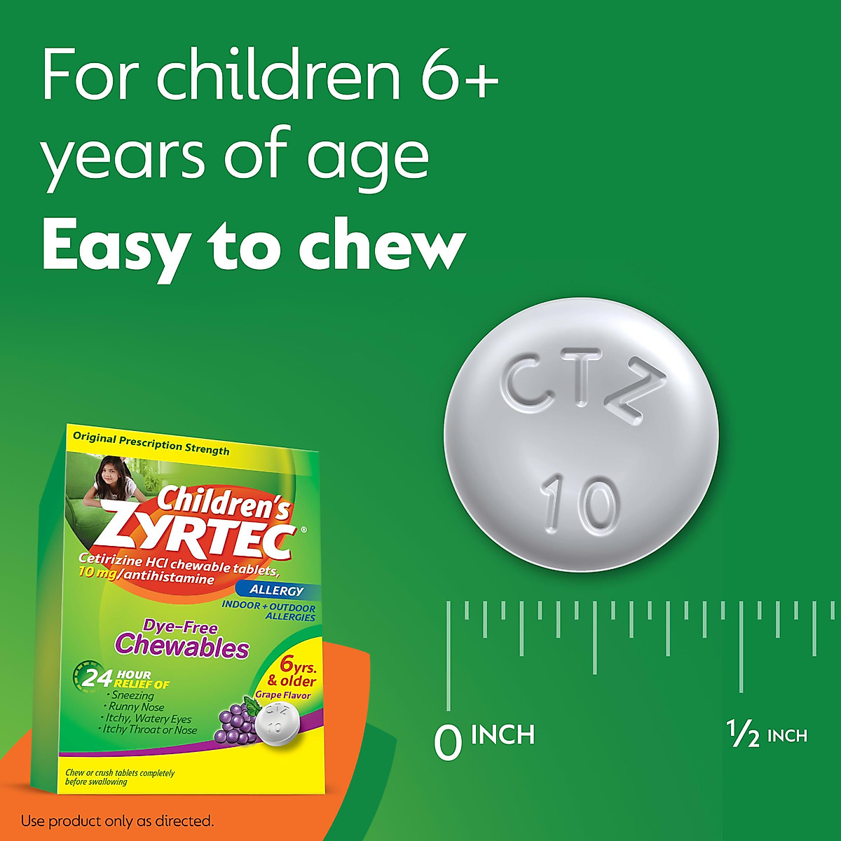 Zyrtec Children's Dye-Free Chewables for 24 Hour Allergy Relief, 10 mg Cetirizine HCl Antihistamine Tablets, Kids Allergy Medicine Relieves Sneezing & Itchy Nose & Throat, Grape, 24 ct
