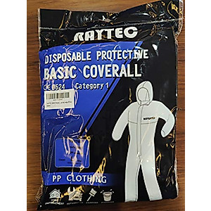 RAYGARD 30003 Disposable Dust Protective Polypropylene PP Coverall with Hood Suit Lightweight Elastic Cuffs, Ankles, Waist Zipper Front for Spray Painting Industrial(Large,White)