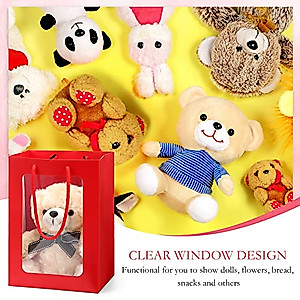 50 Pcs Paper Gift Bags with Transparent Window Clear Gift Bags Empty Gift Basket Flower Bag with Handles for Wedding Bridal Shower Thanksgiving Present Festival Party (Red, 10 x 7.1 x 5.1 Inch)