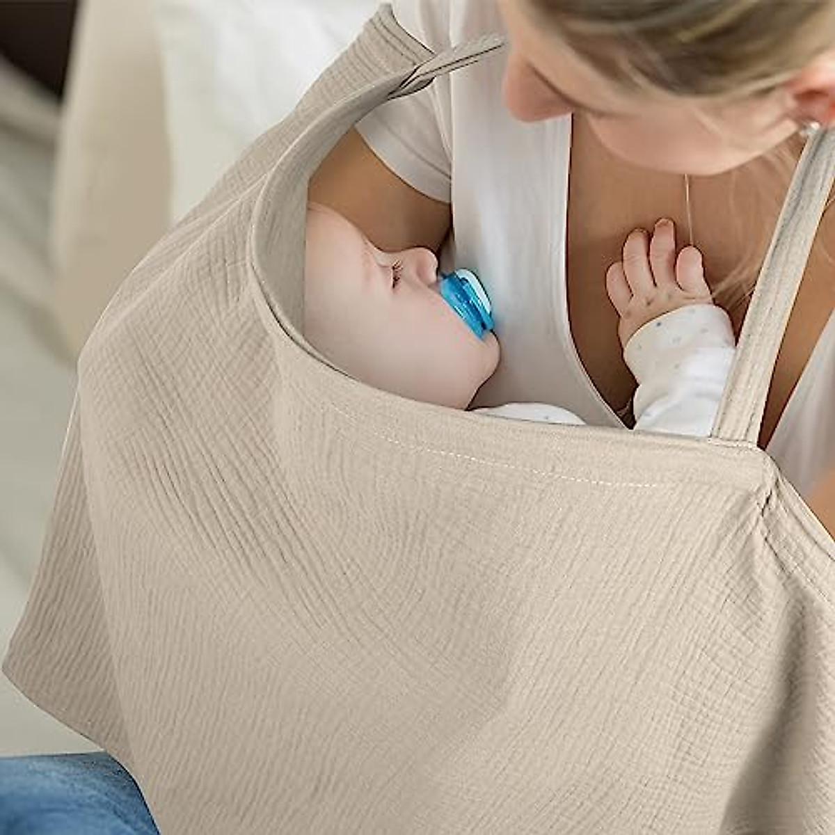 Muslin Nursing Cover for Baby Breastfeeding, Breathable Privacy Nursing Cover with Arch Neckline for Mom, Organic Cotton Multi-use Nursing Apron (Wheat)