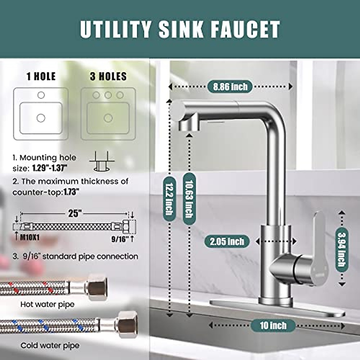 Kitchen Faucets, Brushed Nickel Kitchen Faucet with Pull Down Sprayer and Deck Plate, Stainless Steel Commercial Utility Kitchen Faucets for Sink 3 Hole for Bar Rv Camper Laundry Outdoor Farmhouse