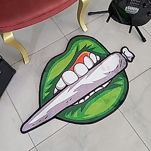 Rugendary Marijuana Lip Rug Smoking Weed Rug Green Soft and Cozy Thick Lip Shaped Carpet for Bedroom Kitchen Living Room Bathroom Area Rug (1.3x2 ft.)