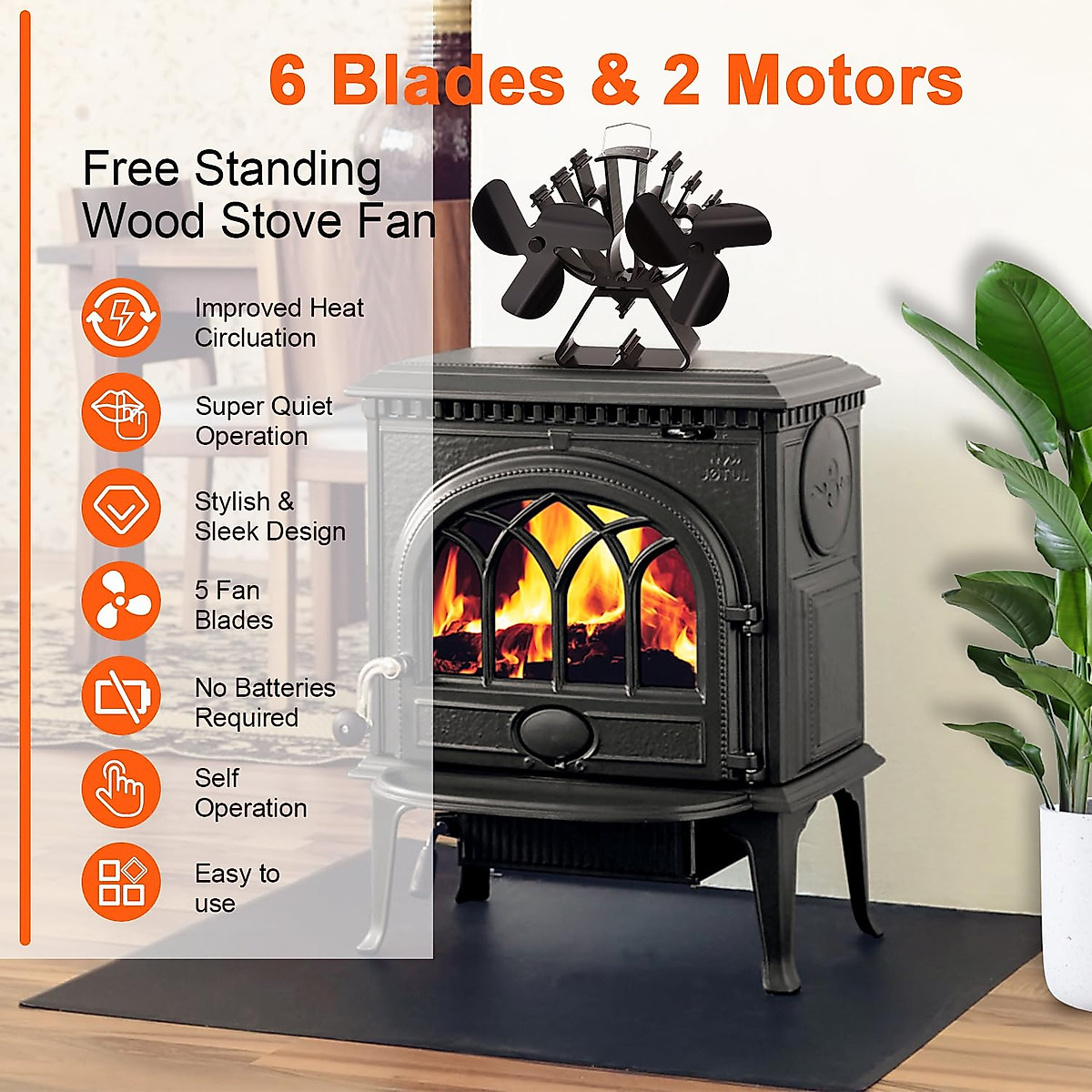 VODA Newly Designed Heat Powered Stove Fan with 2 Motors Larger Air Flow about 360CFM Eco Fan for Wood Burning/Log Burner Fireplace Perfect for Large Rooms