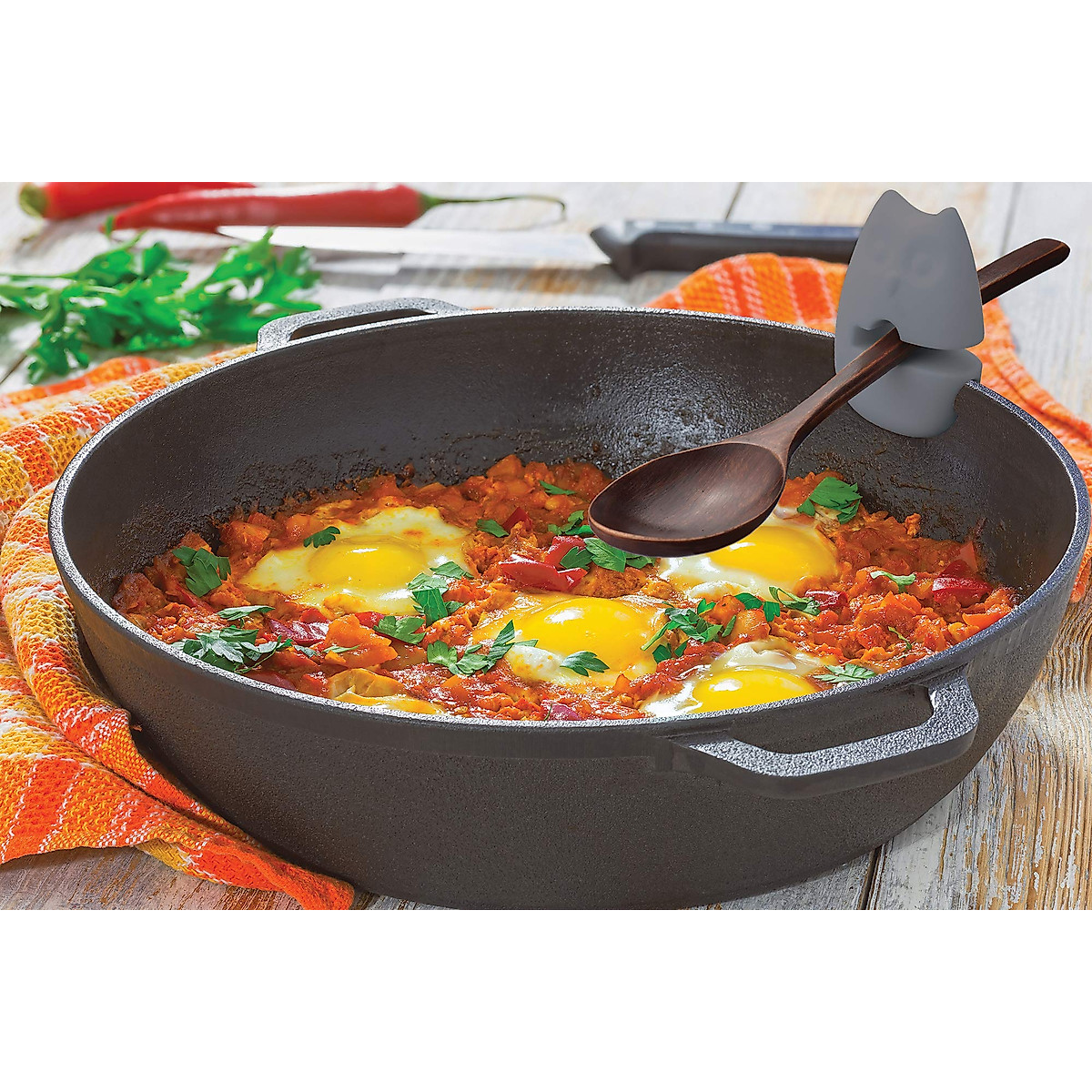 Fox Run Silicone Pot Clip Spoon Rest, Owl and Cat, Set of 2, 2.75", Grey and Black