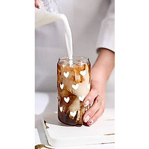Iced Coffee Cups, Can Shaped Glass Cups, 20 OZ Hearts Cup Beer Glass, Love Can Couple Drinking Glasses, Glass Cup with Bamboo Lids and Straws - 2 Sets