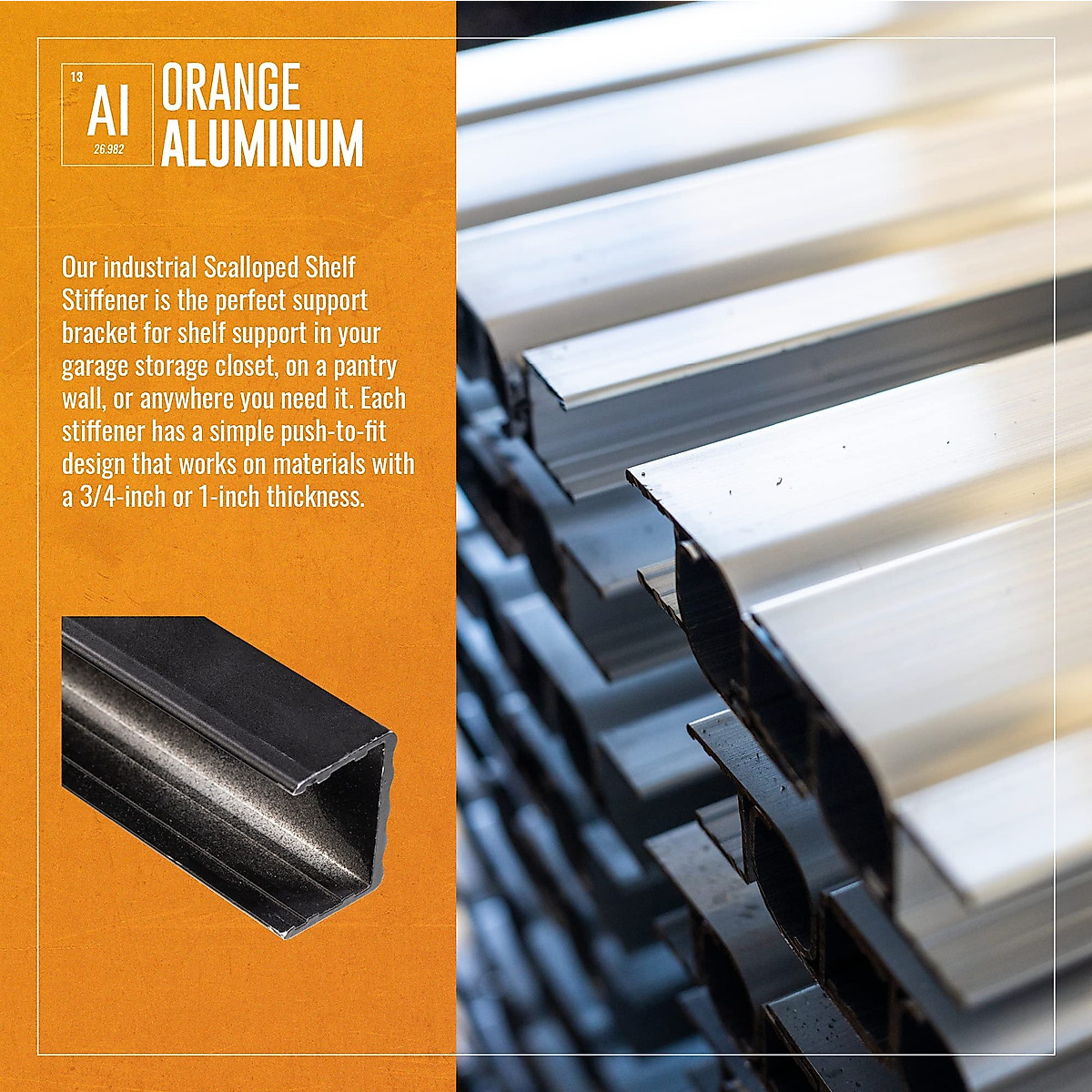 Scalloped Shelf Stiffener by Orange Aluminum, Rack, Cabinet, and Shelf Bracket, 48 Inches, for 1" Materials, Black Powder Coat