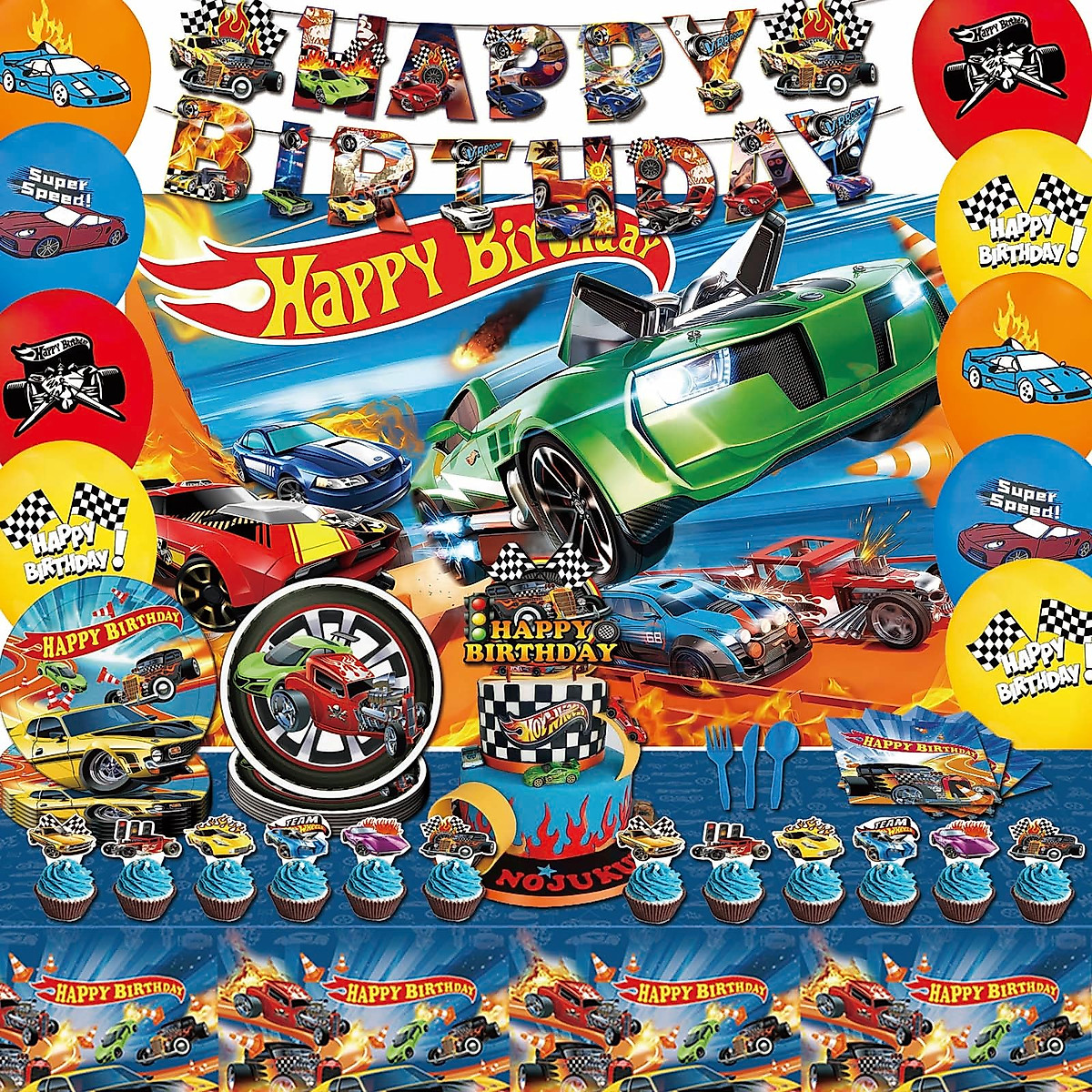 htwhvt 122 Pcs Hot Car Birthday Party Supplies,Included Banner,Backdrop,Tablecloth,Cake Topper,Cupcake Toppers,Balloon,Racing Car Tableware Set for Boy and Girl Wheel Party Decorations