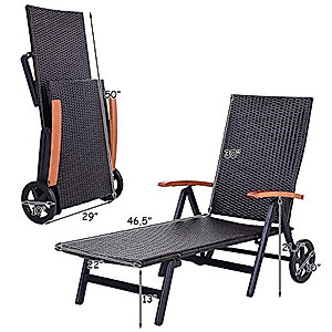 Tangkula Wicker Chaise Folding Back Adjustable Aluminum Rattan Lounger Recliner Chair W/Wheels (Mix Brown)