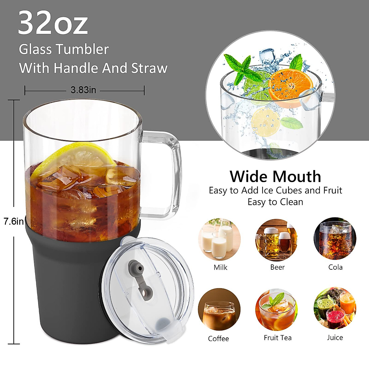 Sursip 32 oz Glass Tumbler with Handle, Glass Water Bottles with Lid and Straw, Reusable Iced Coffee Cup with Silicone Sleeve - Fit in Car Holder, BPA Free, Leak Proof, Dishwasher Safe (Fresh Blue)