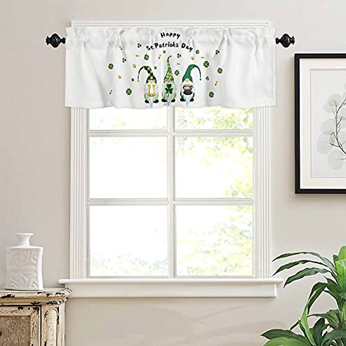 Bilagawa Valance Curtains Happy St Patricks Day Clover Dwarf Gold White Linen Texture Kitchen Valance Rod Pocket Window Treatments for Kitchen Bathroom Bedroom 42x12 Inch