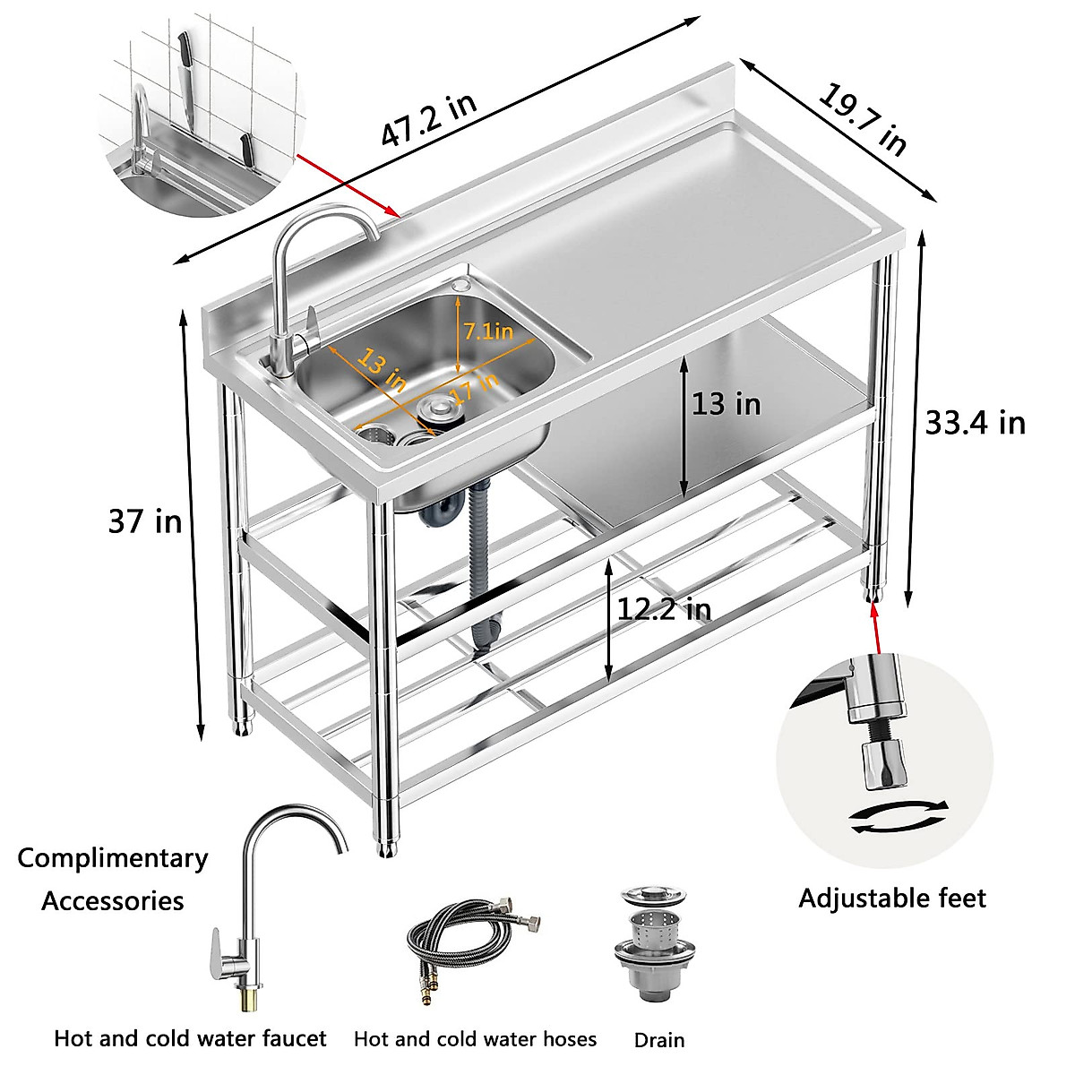 Free Standing Stainless-Steel Single Bowl Commercial Restaurant Kitchen Sink Set w/Faucet & Drainboard, Prep & Utility Washing Hand Basin w/Workbench & Double Storage Shelves Indoor Outdoor (47in)