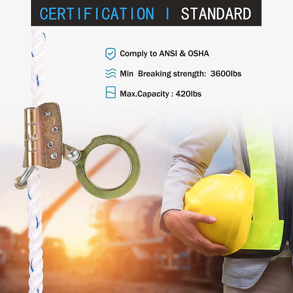 FHFallArrest Fall Protection Rope Grab with Anti-Panic Feature, Auto-Trail Double Locking Rope Grabs Fall Arrester, Used with 5/8” Lifeline Rope, for Construction, Climbing, Comply to ANSI/OSHA