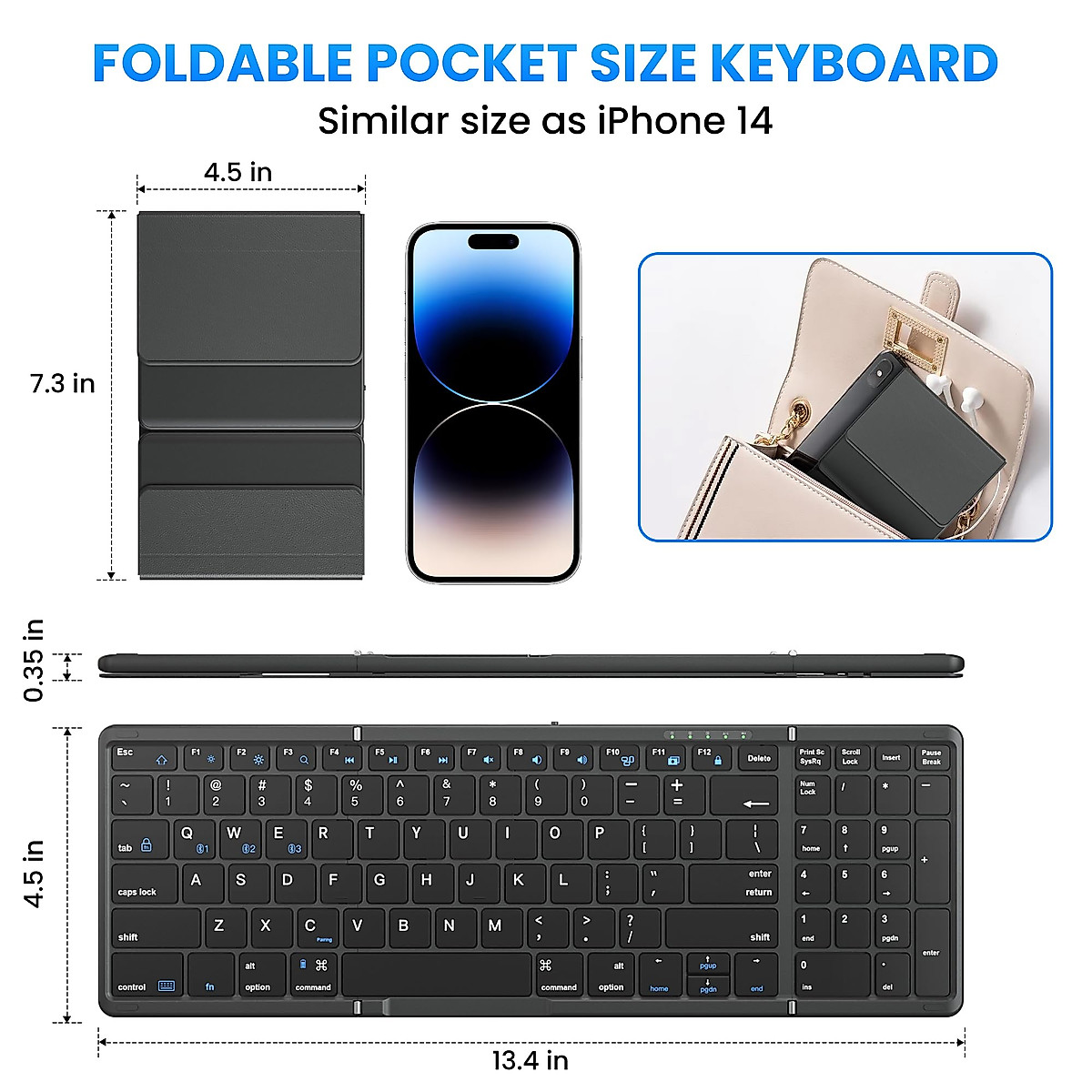 JPHTEK Folding Bluetooth Keyboard with Numeric Keypad, Full-Size Wireless Folding Keyboard with PU Leather Sync Up to 3 Devices, Rechargeable Portable Travel Keyboard for Windows iOS Android