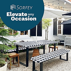 Sorfey Vinyl Umbrella Picnic Table and Bench Fitted Tablecloth Cover, Checkered Design, Flannel Backed Lining, 30x72 Inch, 3-Piece Set, Blue