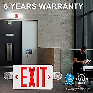 LED Exit Sign with Emergency Light, Red Exit Sign Light with 90 Minute Battery Backup, Red Letter Emergency Exit Sign Light with Two Adjustable Heads, AC 120-277V, UL Listed (1-Pack)