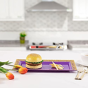 U-QE 8 Pack Rectangle Plastic Serving Tray - Purple & Gold Rim Disposable Serving Trays and Platters for Food - Platters for Serving Food - Party, Wedding, Dessert Table, Cupcake display - 13x8 inches