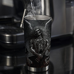 20oz Metal Rock Skull Reaper Electric Guitar Tumbler, Guitarist, Musician Gifts, Coffee Thermos for Men, Stainless Steel Double Wall Vacuum Insulated Coffee Mug, Travel Cup with Lid