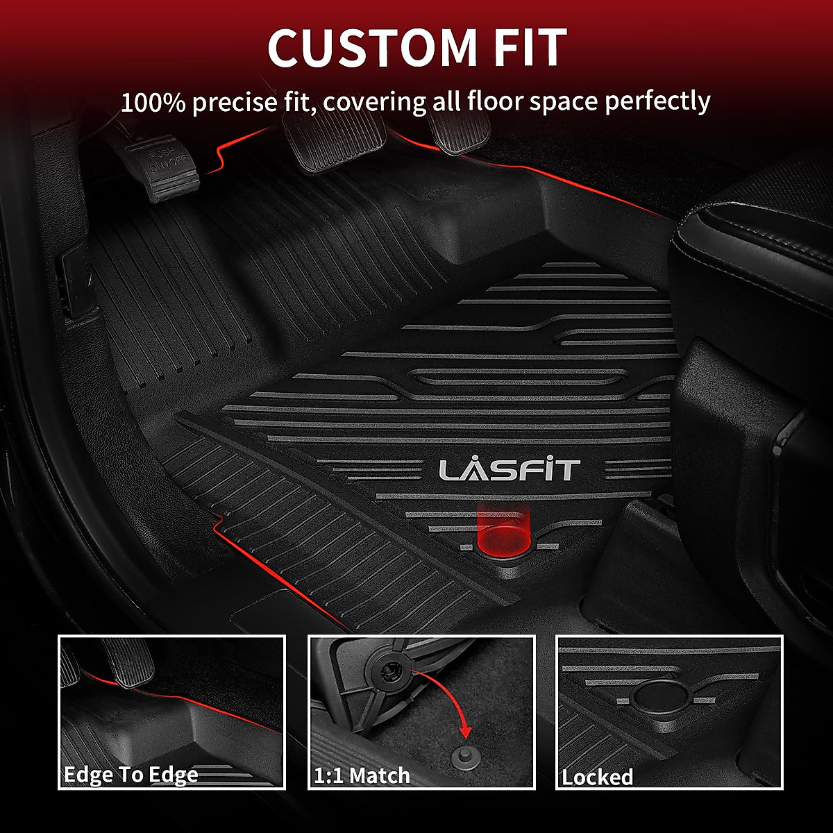 LASFIT Floor Mats Fit for Ford F-150 2015-2024/ F150 Lightning 22-24 SuperCrew Cab (Rear w/o Under-Seat Fold Flat Storage), All Weather TPE Truck Liners,1st & 2nd Row, Black