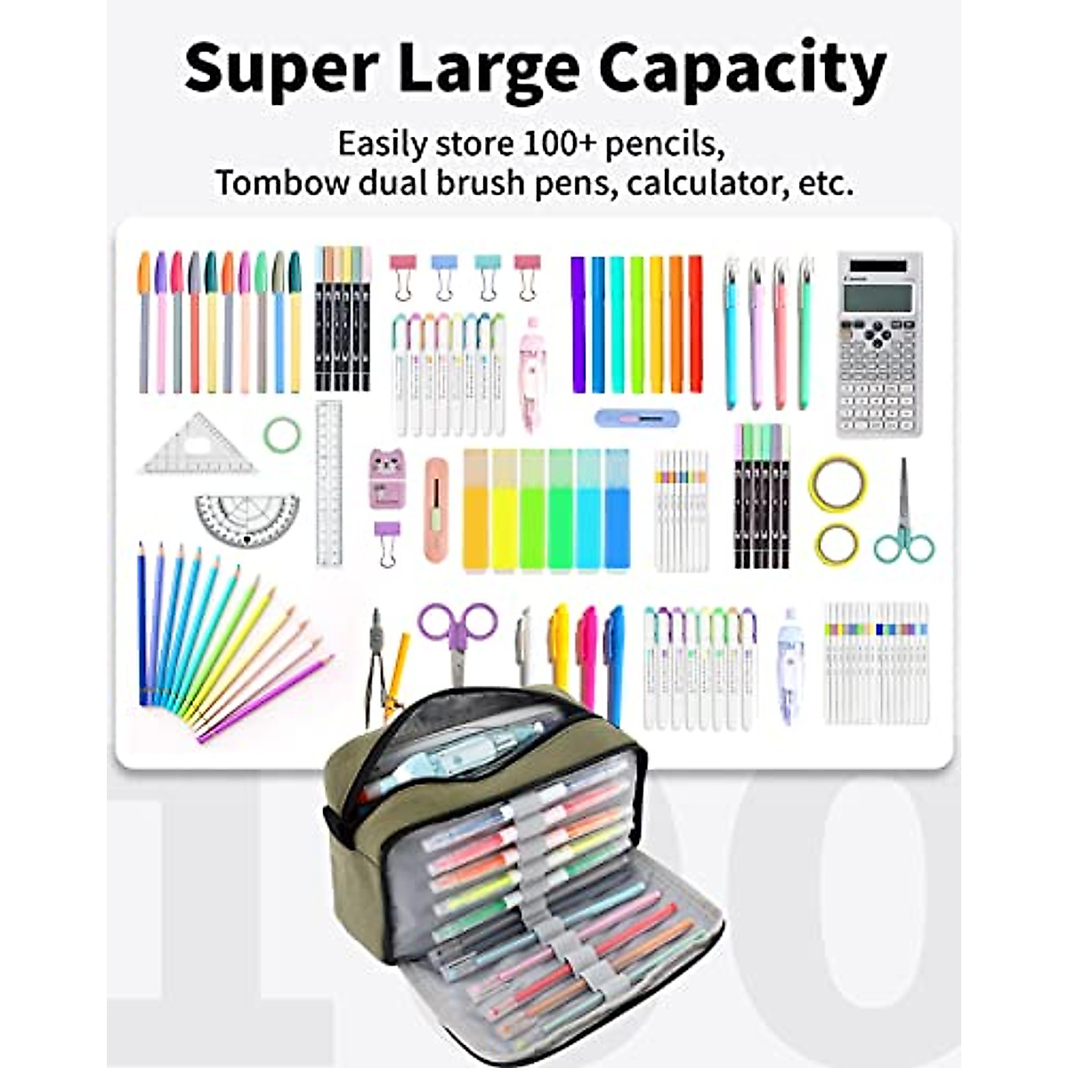 Sooez Big Capacity Pencil Pen Case, Upgraded Canvas Pencil Pouch Large Pencil Bag Organizer, Separate Compartments Easy Grip Handle, Aesthetic Supply for School Teens Adults, Army Green