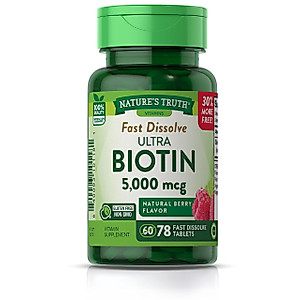 Nature's Truth Ultra Biotin 5000mcg | 78 Fast Dissolve Tablets | Hair Skin and Nails Supplement | Natural Berry Flavor | Vegetarian, Non-GMO, Gluten Free