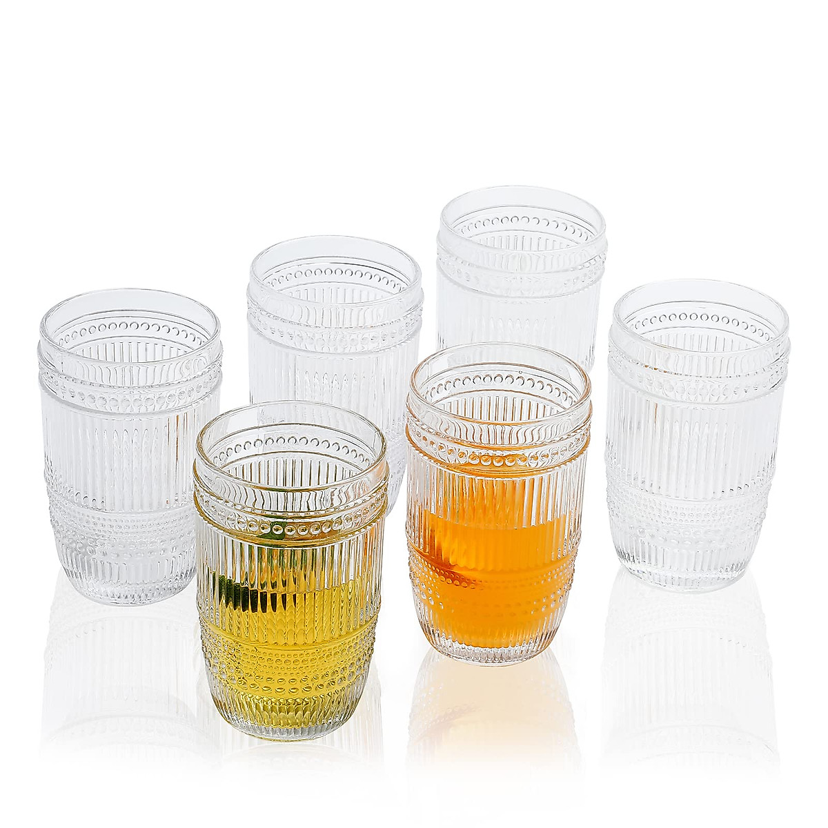1500° C TABLETOP Vintage Highball Glasses 12.5 oz Set of 6 Romantic Hobnail Drinking Glasses Water Tumblers, Embossed Vintage Drinking Glasses for Beer, Cocktail, Soda, Beverage