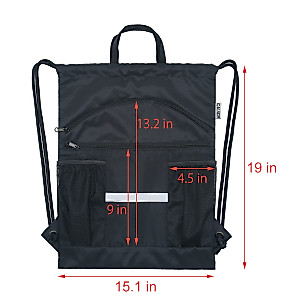 CALACH Drawstring Backpack Sports Gym Bag with Shoe Compartment, X-Large String Bag for Women Men with Zipper Pockets and Mesh Pockets (Black)