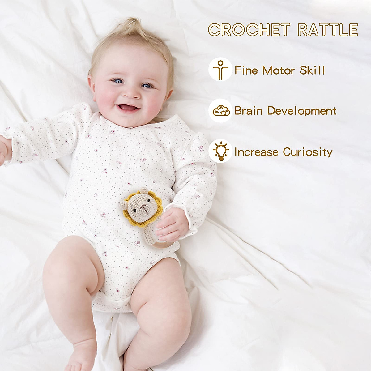 Youuys Wooden Baby Rattle Toys, Easter Rattle for Baby Crochet Lion Rattle Toy Natural Wood, Shaker Rattle for Hand Grips, Boy Girl First Rattle Gift, Newborn Gifts (Lion)