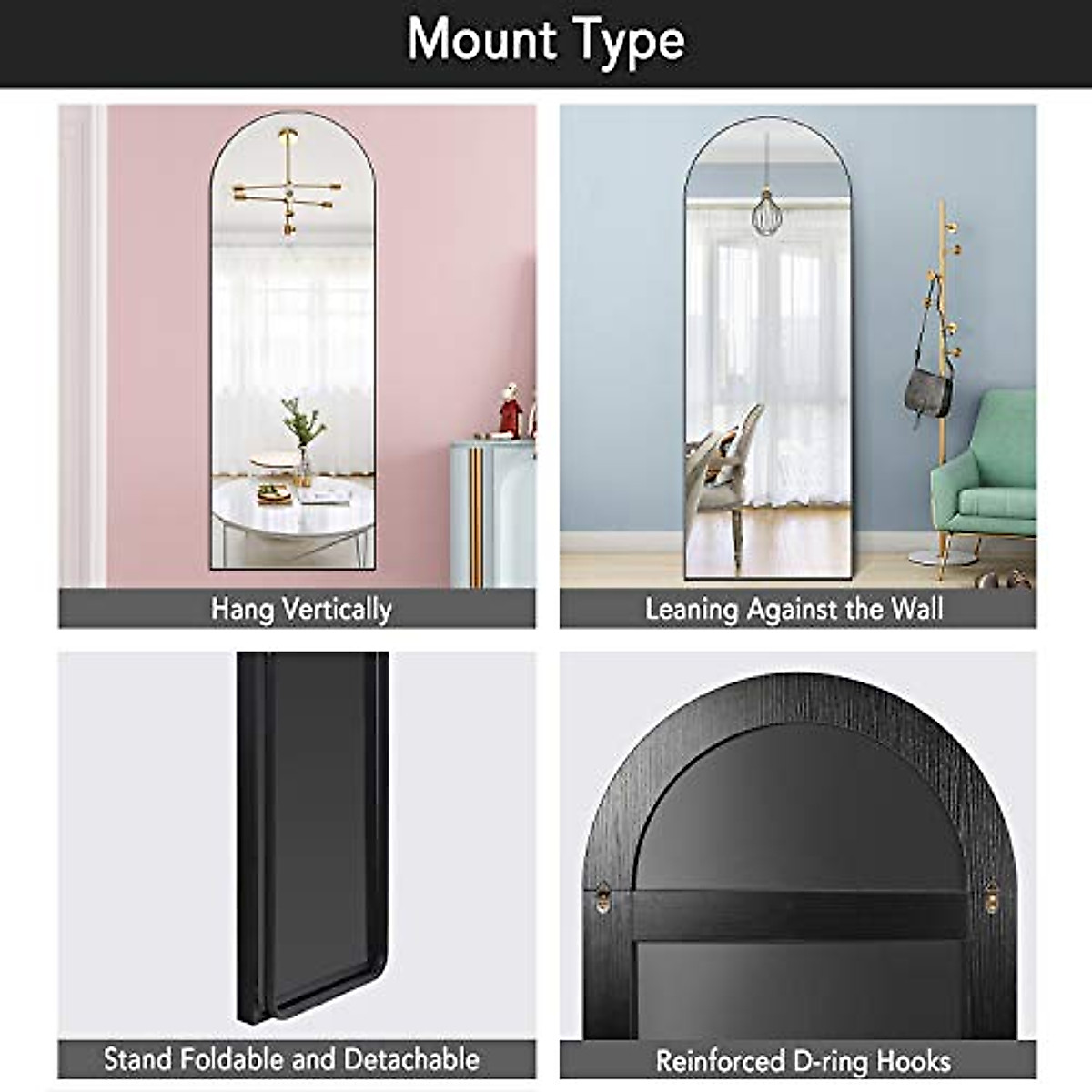 PexFix Full Length Mirror Sleek Arched-Top Standing Mirror Floor Mirror, Wall Mirror Standing, Leaning Hanging for Home, 65"x22", Black