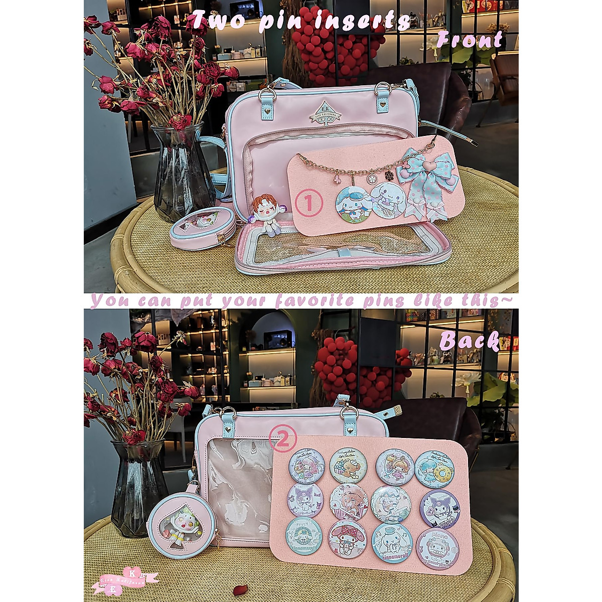 Eien Kaliforua Ita Bag Cute JK Uniform Bag Double Window Sweet PU Leather ita Bag Kawaii Pins Bag+cute small bag