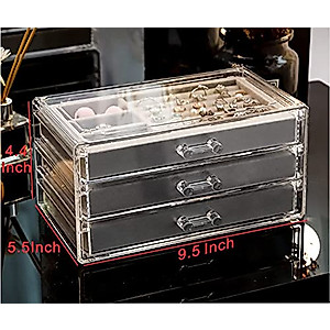 Cq acrylic Earring Jewelry Organizer with 3 Drawers Clear Acrylic Jewelry Box for Women,Stackable Velvet Earring Display Case Earrings Ring Bracelet Necklace Holder Gift for Women, Grey