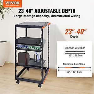 VEVOR 20U Open Frame Server Rack, 23''-40'' Adjustable Depth, Free Standing or Wall Mount Network Server Rack, 4 Post AV Rack with Casters, Holds All Your Networking IT Equipment AV Gear Router Modem