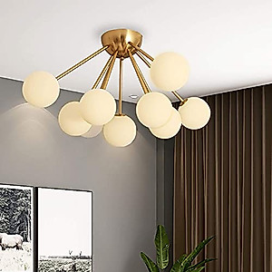 BAODEN Large 9 Lights Modern Globe Semi Flush Mount Ceiling Light Mid Century Sputnik Chandeliers with White Globe Glass Lampshade Brushed Brass Elegant Light Fixture for Living Room Lighting(Gold)