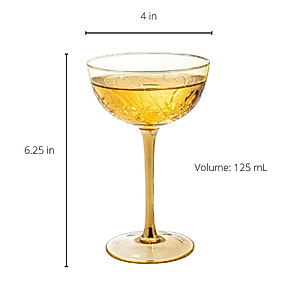 Vintage Art Deco Coupe for Champagne, Martini, Cocktails | Set of 6 | 7 oz Classic Cocktail Glassware - Manhattan, Cosmopolitan, Sidecar, Crystal Speakeasy Style Saucer Goblets Coupes with Stems