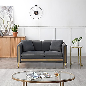 HABITRIO 59" Solid Wood Frame Grey Velvet Upholstered Chesterfield Design Loveseat Sofa Couch with 2 Pillows, Gold Metal Leg, Removable Cushion, Left Side Pocket, Fit for Living Room, Bedroom