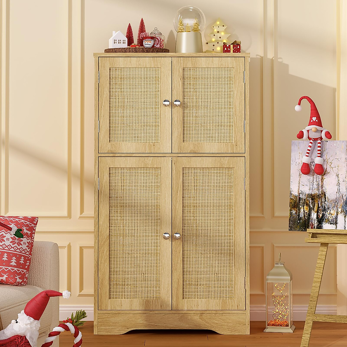 Iwell Storage Cabinet, Rattan Cabinet with 4 Rattan Doors & Adjustable Shelf, Bathroom Floor Cabinet for Living Room, Entryway, Home Office, Natural