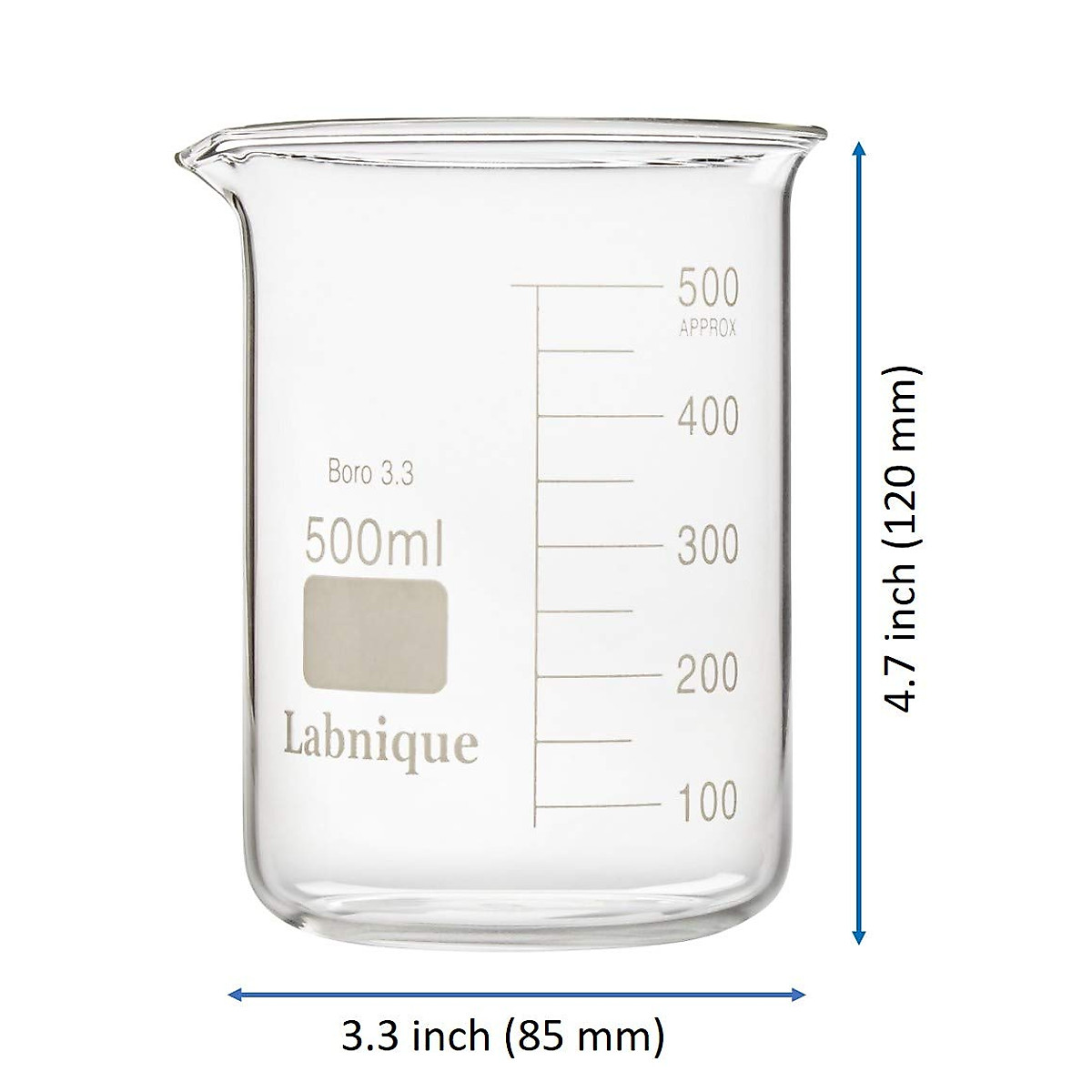 Labnique Borosilicate 3.3 Glass Griffin Beaker, Low Form with Printed Graduation, Double Boxed, 500ml (Pack of 8)