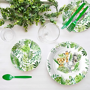 HIPVVILD Safari Birthday Decorations Tableware - Jungle Theme Party Supplies Include Plates, Cups, Napkin, Cutlery, Tablecloth, Straws, Animal Safari Jungle Birthday Baby Shower Decorations | Serve 24