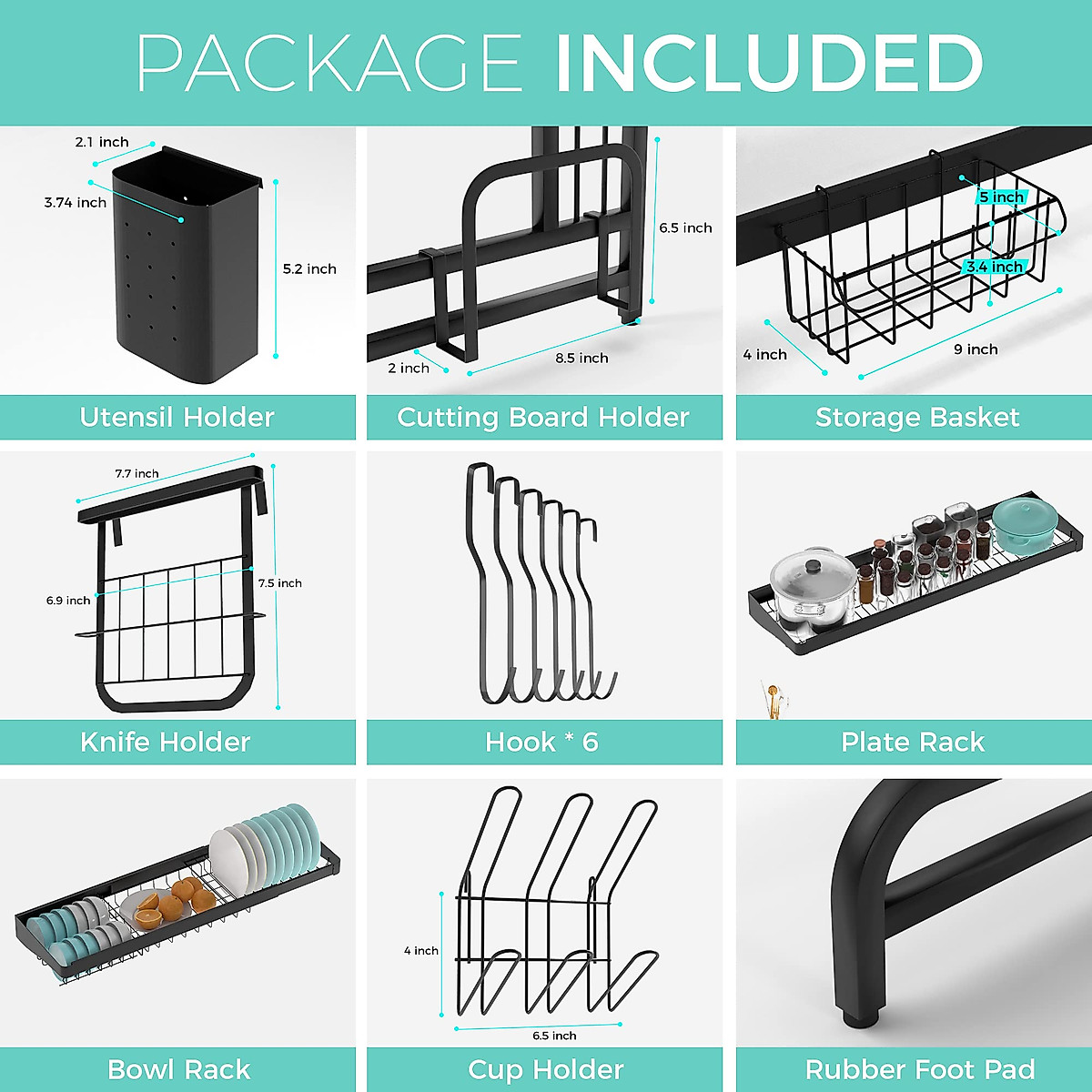 Over Sink Dish Drying Rack, Trustmade 3 Tier Full Stainless Steel Large Storage Adjustable Dish Rack (23.5''-36.6''), Expandable Kitchen Dish Drainer Shelf Rack with Hooks, Utensil Holder(Matte Black)