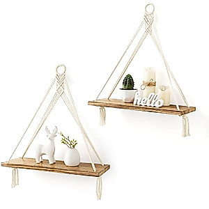 Mkono Macrame Hanging Shelves Boho Wall Decor Set of 2 Rustic Wood Floating Storage Shelf for Bedroom Bathroom Living Room Nursery Dorm Room, Display Shelving for Hanging Plants Photos