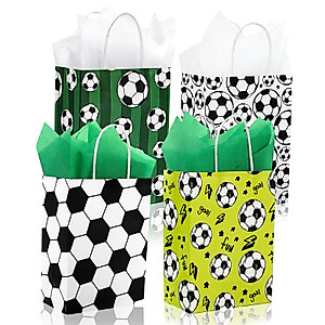 Whaline 24Pcs Soccer Paper Gift Bags with Handles Sports Party Favor Bags Soccer Ball Print Candy Goodie Treat Bags for Game Day Sports Events Birthday Party Supplies